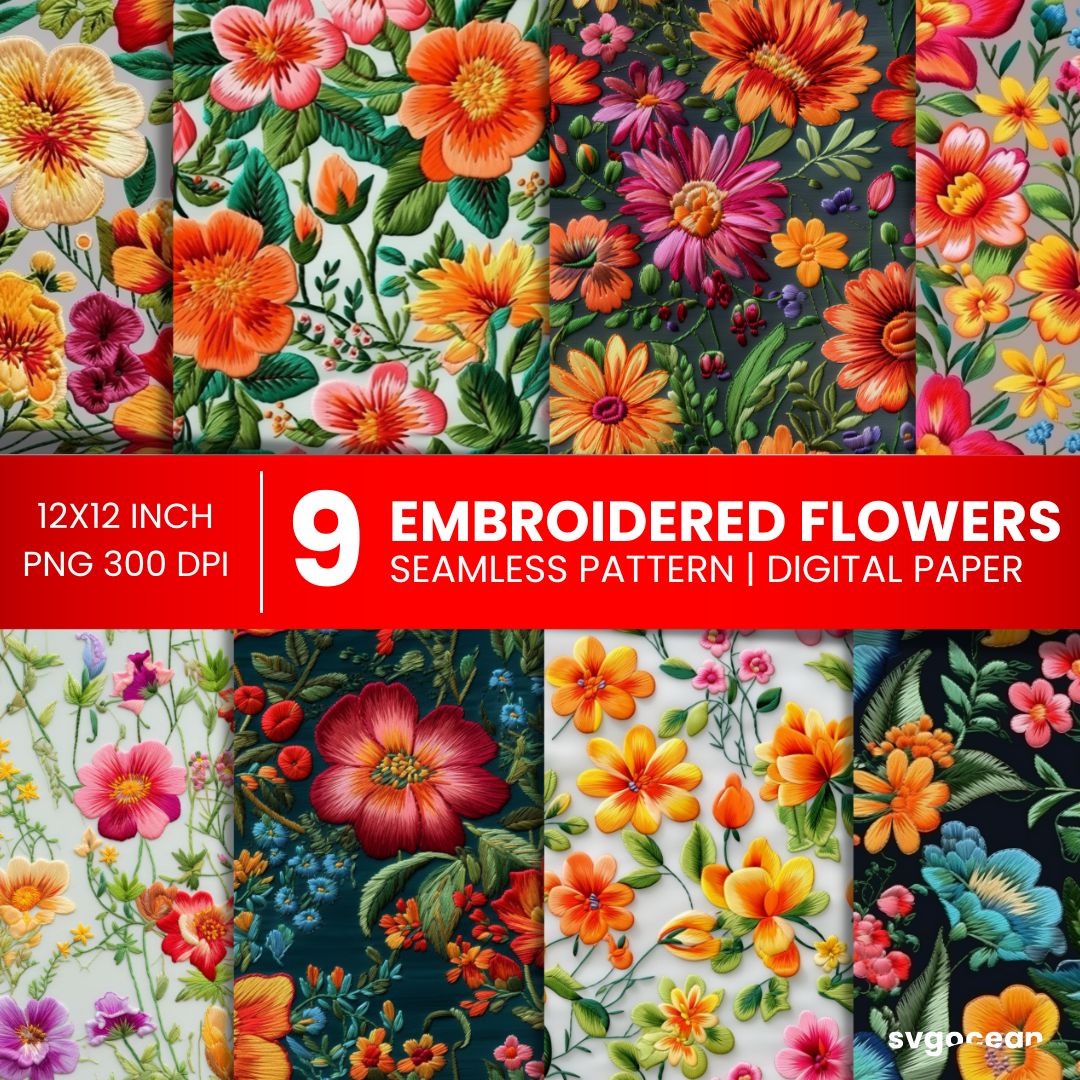 Embroidery Flowers Digital Paper Bundle vector for instant download ...