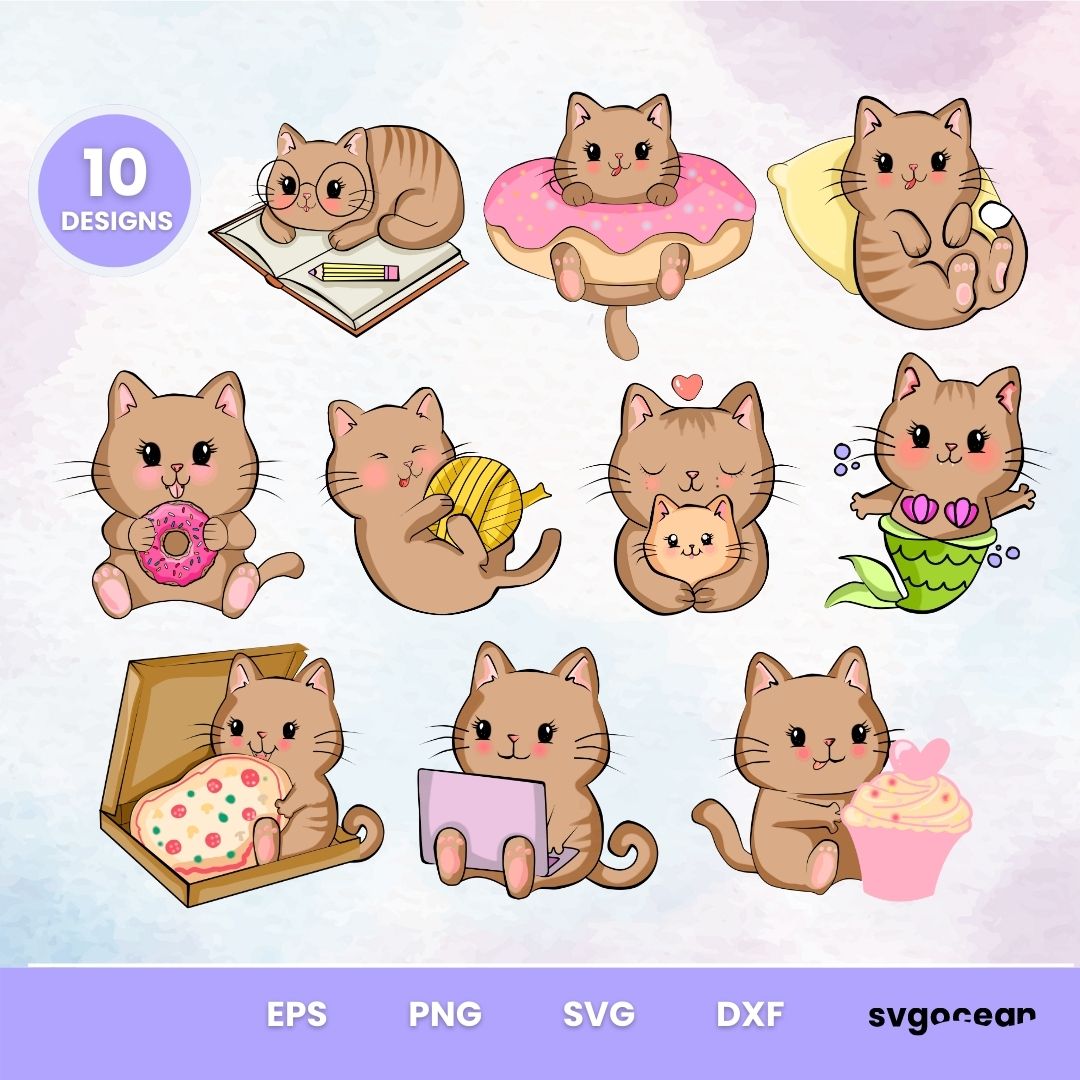 Kawaii Cats Clipart SVG Bundle vector for instant download - Svg Ocean ...
