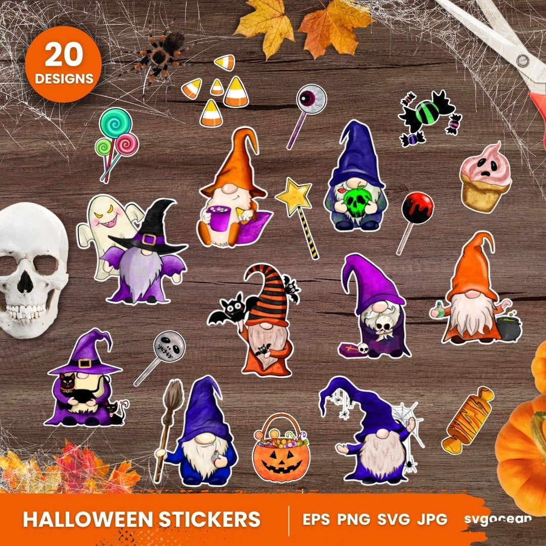 Halloween Mystical Gnomes Printable Stickers vector for instant ...