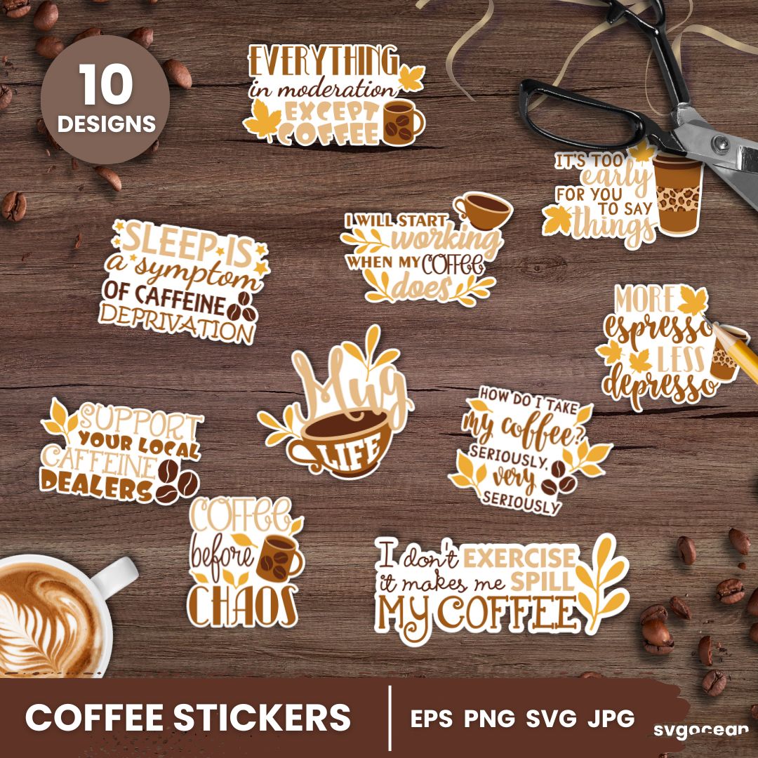 Coffee Stickers SVG Bundle vector for instant download - Svg Ocean ...