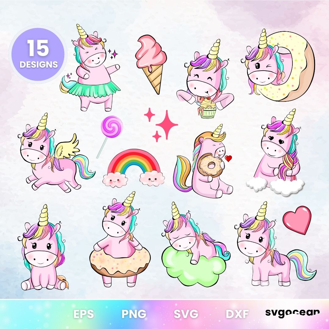 Kawaii Unicorn Clipart SVG Bundle vector for instant download - Svg ...