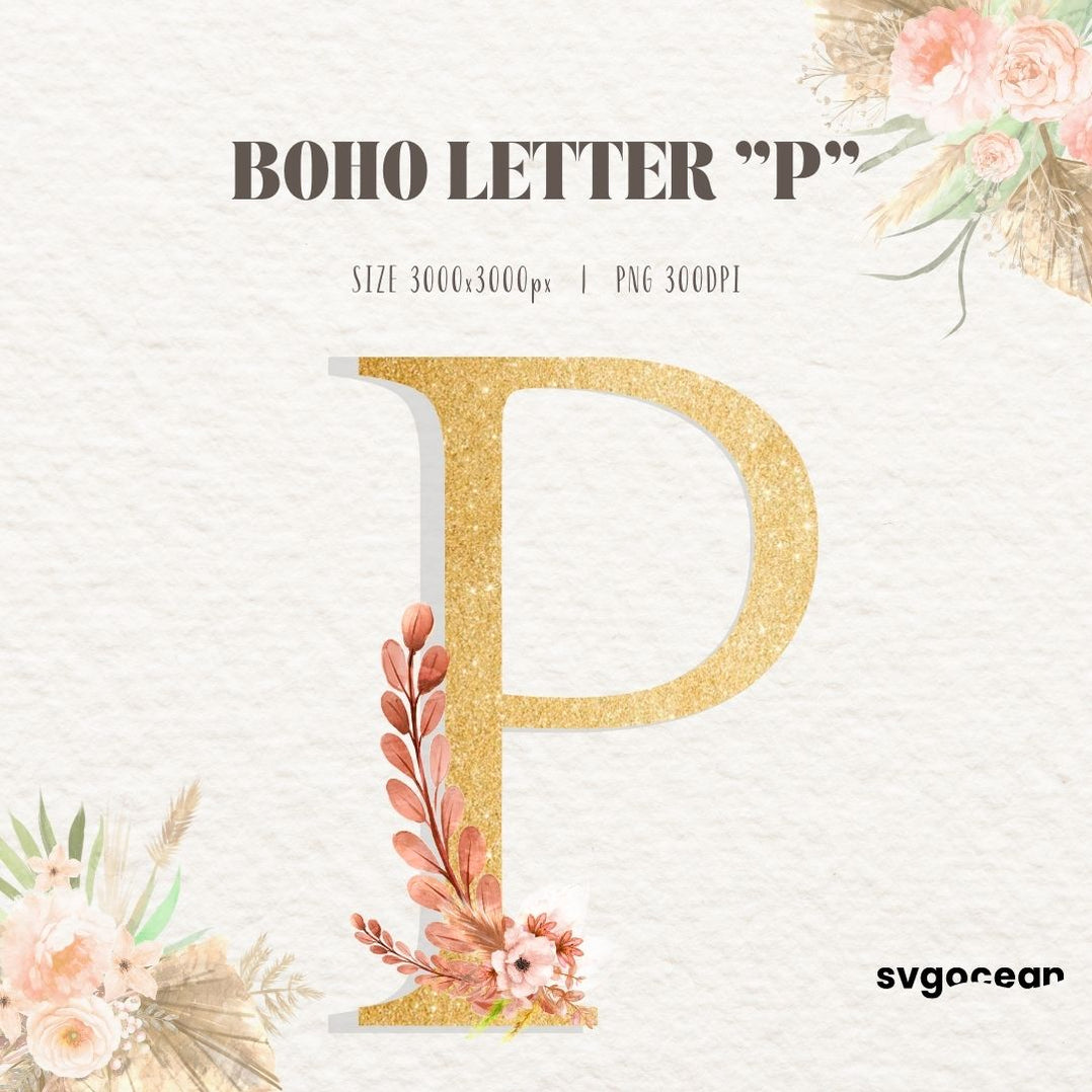 Boho Floral Alphabet Watercolor Clipart Bundle vector for instant ...
