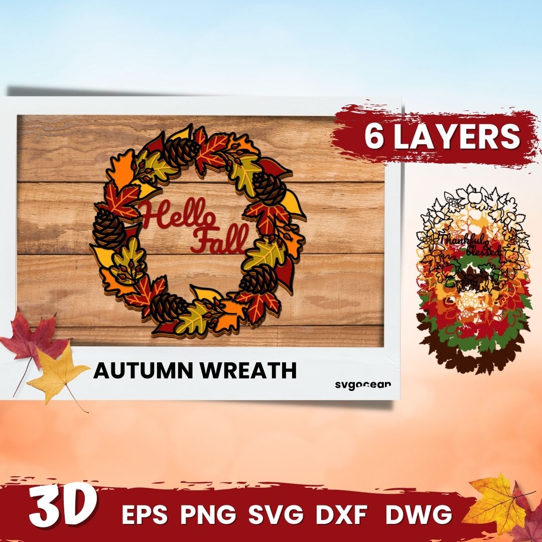 3D Fall Wreath Layered Svg vector for instant download - Svg Ocean ...