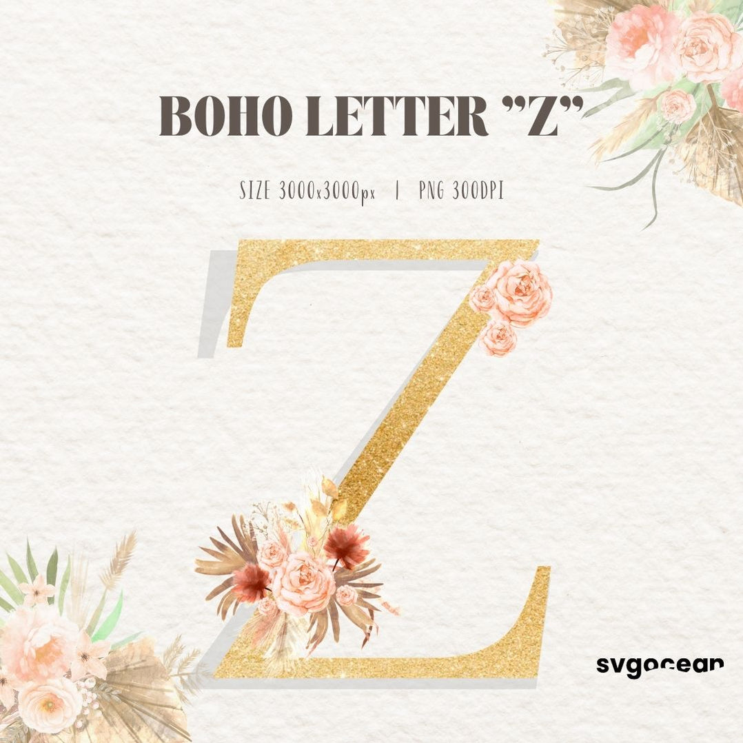 Boho Floral Alphabet Watercolor Clipart Bundle vector for instant ...