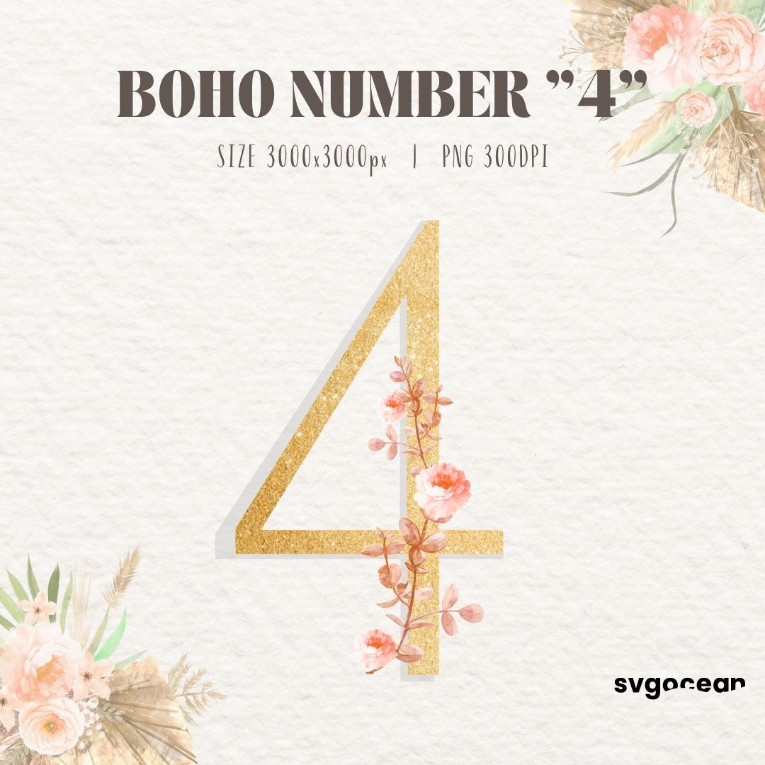 Boho Watercolor Number 4 vector for instant download - Svg Ocean — svgocean