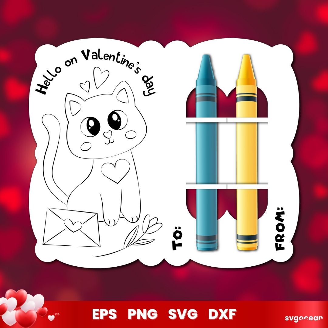 Valentine Cat Coloring Card Svg vector for instant download - Svg Ocean ...