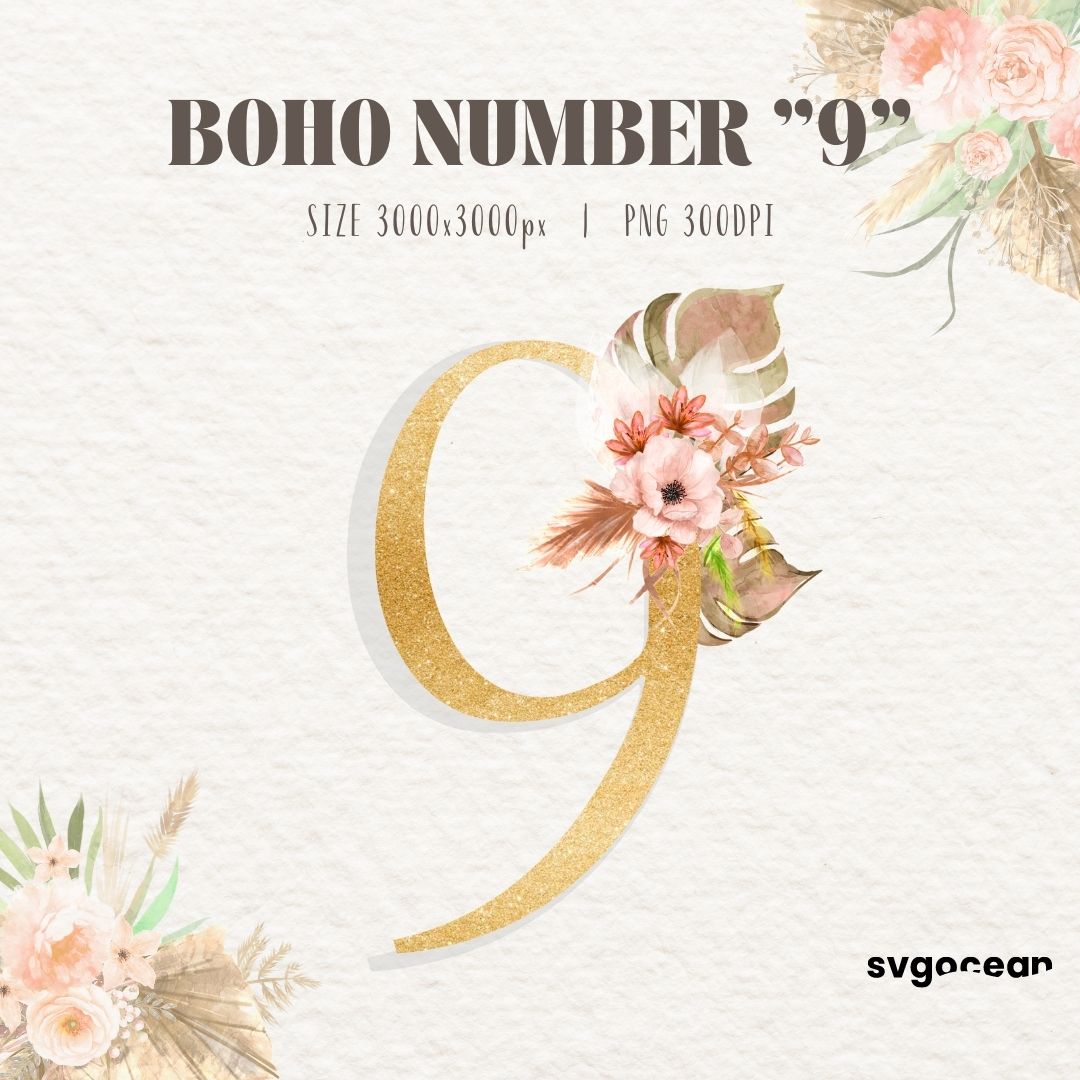 Boho Watercolor Number 9 vector for instant download - Svg Ocean — svgocean