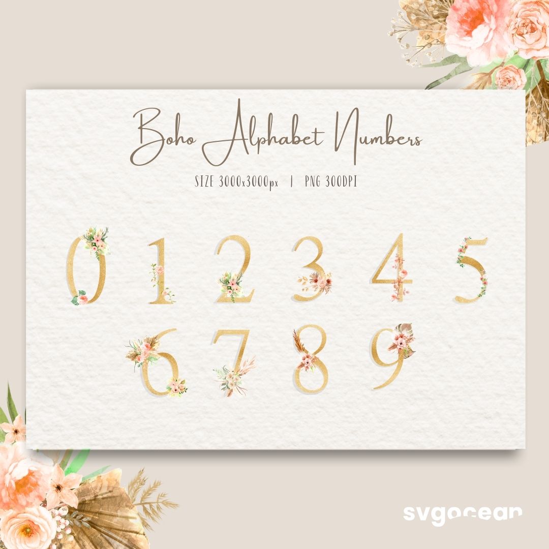 Boho Floral Numbers Watercolor Clipart Bundle vector for instant ...