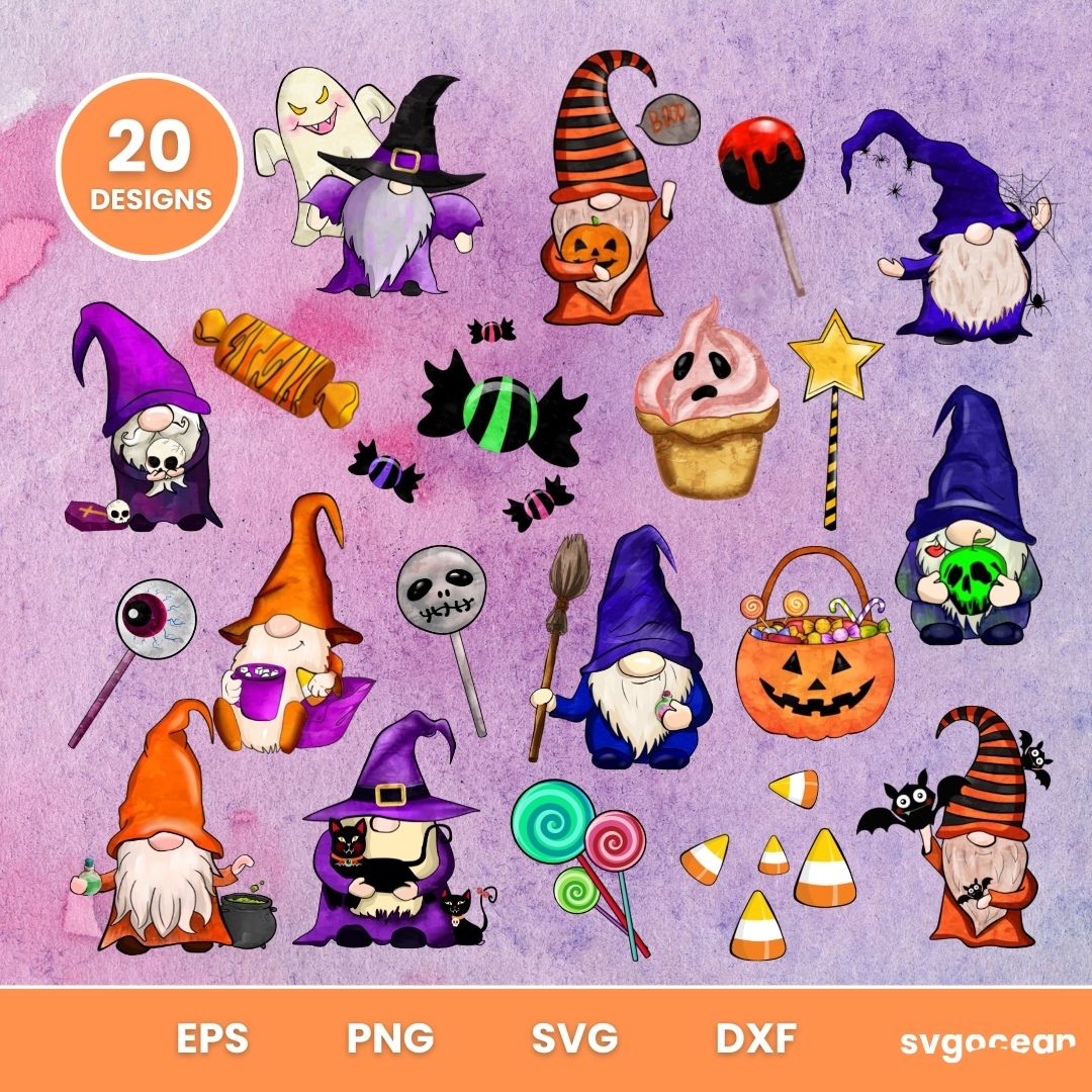Halloween Mystical Gnomes Clipart SVG Bundle vector for instant ...