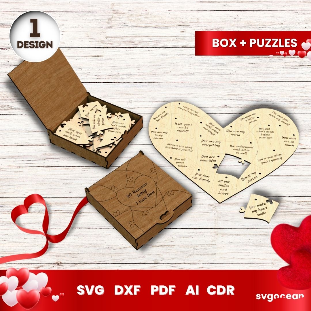 Valentines Day Heart Puzzle Box Multilayered Laser Cut File vector for ...
