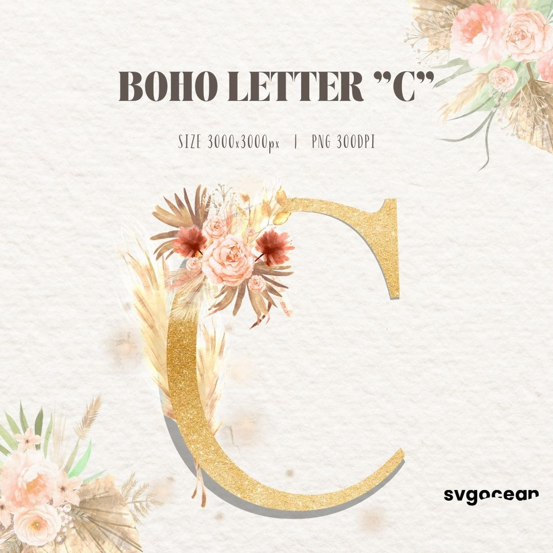 Boho Floral Alphabet Watercolor Clipart Bundle vector for instant ...