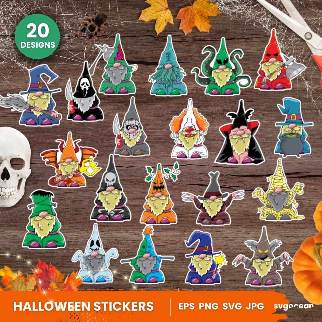 Halloween Gnomes Printable Stickers Cricut Design vector for instant ...