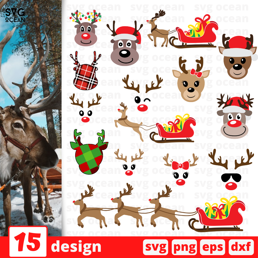 Christmas reindeer SVG bundle vector for instant download - Svg Ocean ...